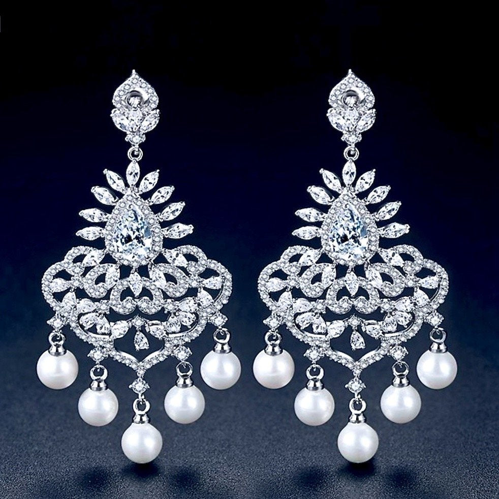 Adora by Simona Wedding Jewelry Pearl and Cubic Zirconia Bridal Earrings